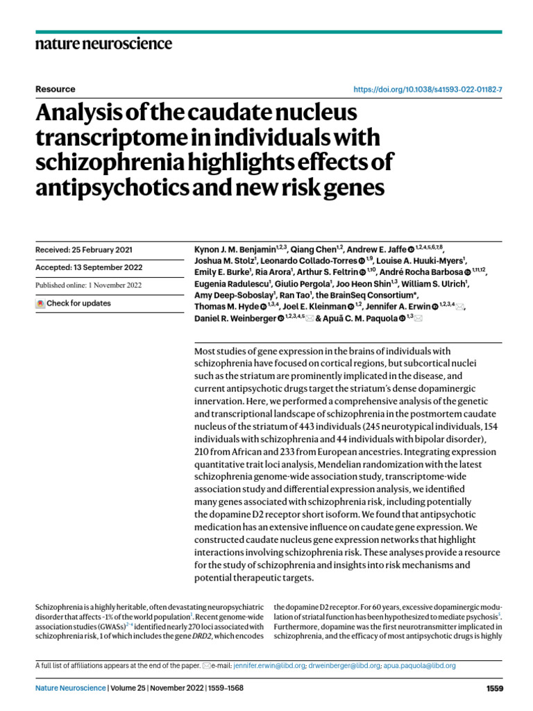 Analysis of The Caudate Nucleus Transcriptome in Individuals With ...