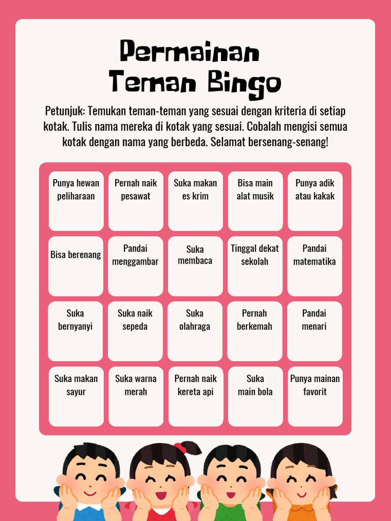 Lembar Kerja Permainan Teman Bingo Merah dan Krem Ilustrasi Sederhana | PDF