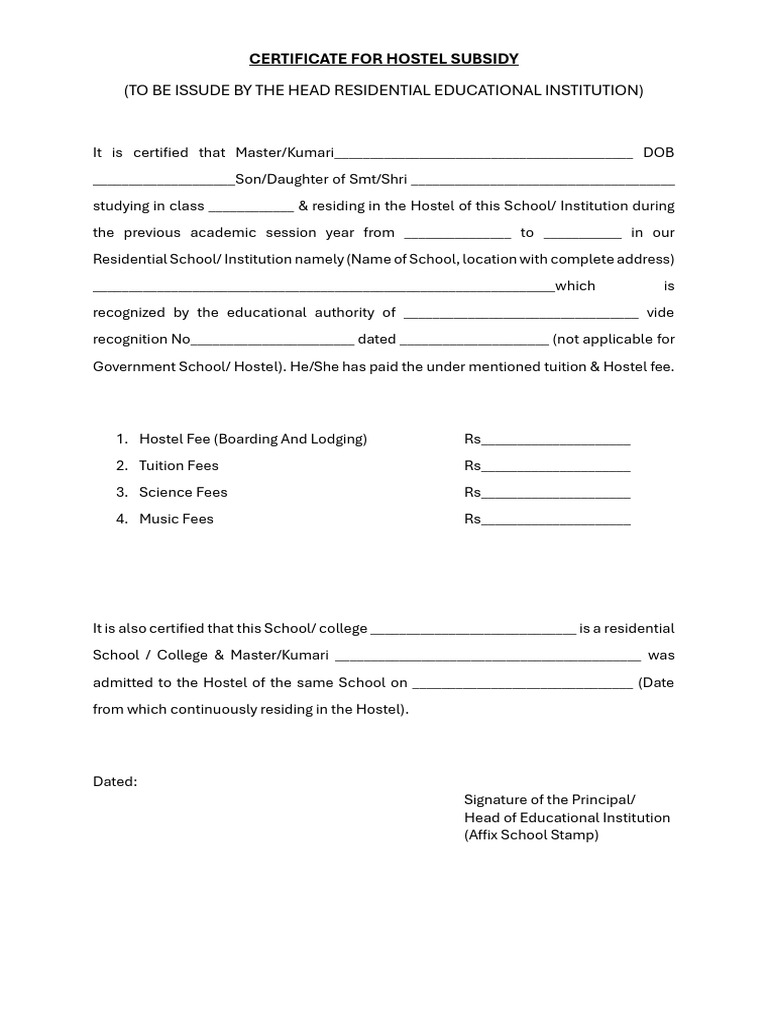 Certificate For Hostel Subsidy | PDF