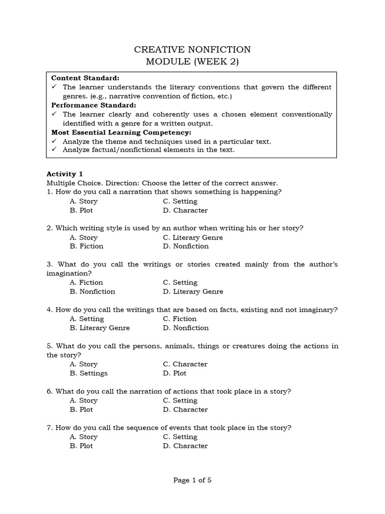 Creative Nonfiction Module Activities | PDF | Genre | Non Fiction