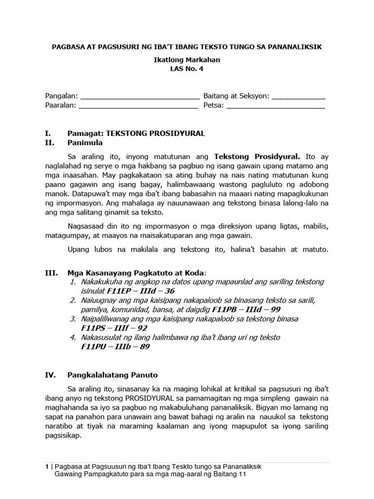 Filipino 11 2nd Sem Pagbasa11 - Kwarter3 - LAS4 | PDF