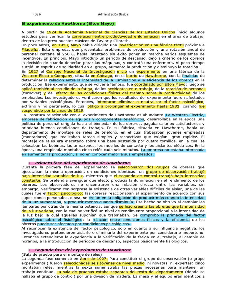 El Experimento de Hawthorne (Elton Mayo) | PDF | Ciencias del ...