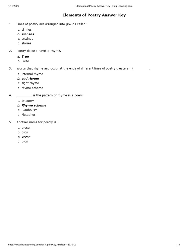 Elements of Poetry Answer Key | PDF | Poetry | Rhyme