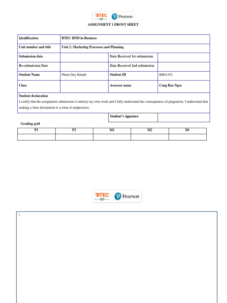 5033 - Assignment 1 Frontsheet Pham Duy Khanh Bh01552 | PDF | Marketing | Human Resources