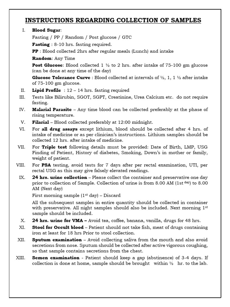 Instructions Regarding Collection of Blood Sample | PDF