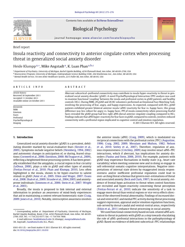 Insula Reactivity To Anterior Cingulate | PDF