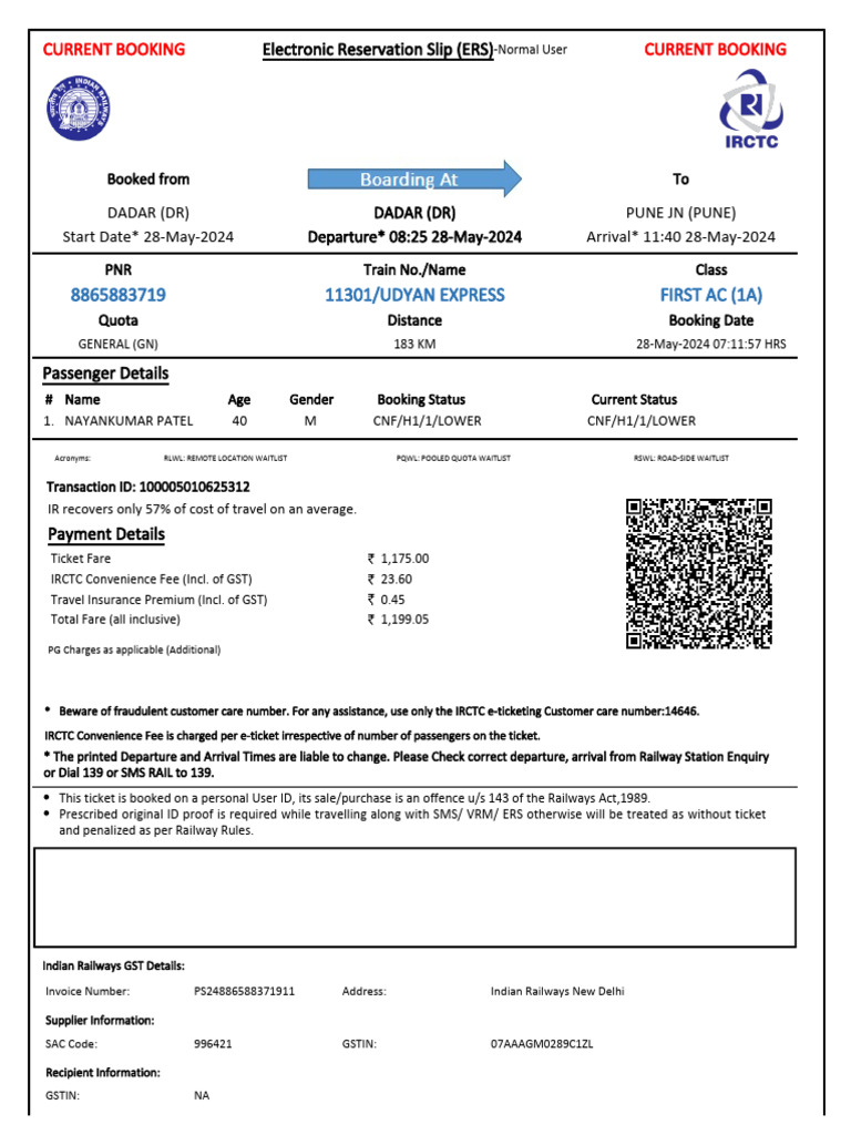 11301/udyan Express First Ac (1A) | PDF | Identity Document