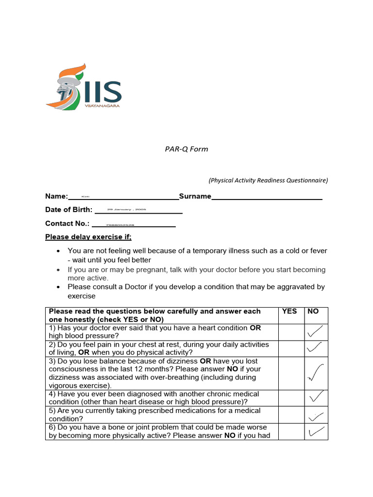 PARQ-Medical Questionnaire and Liability Waiver | PDF | Chronic ...