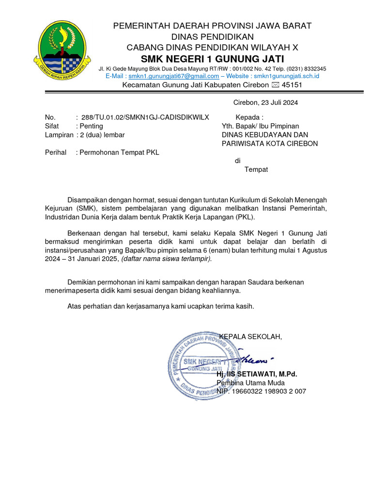 Surat Penerimaan PKL ANIMASI DISBUDPAR | PDF