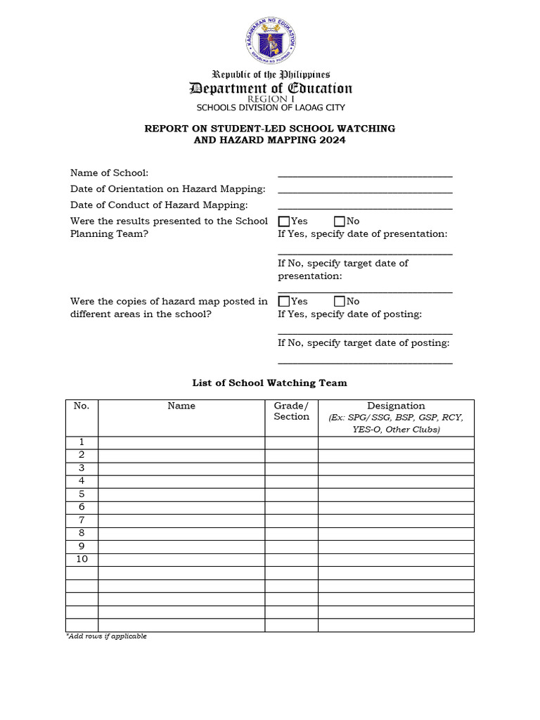 Template School Watching and Hazard Mapping 2024 | PDF