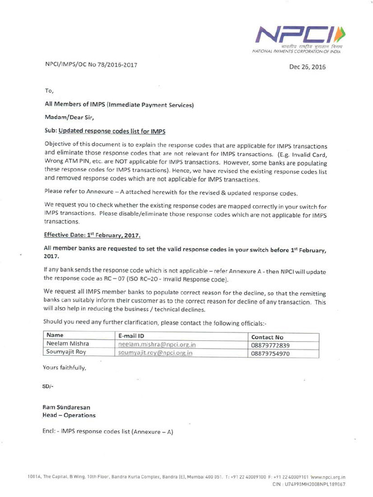 IMPS Response Codes List NPCI | PDF | Service Industries | Payments