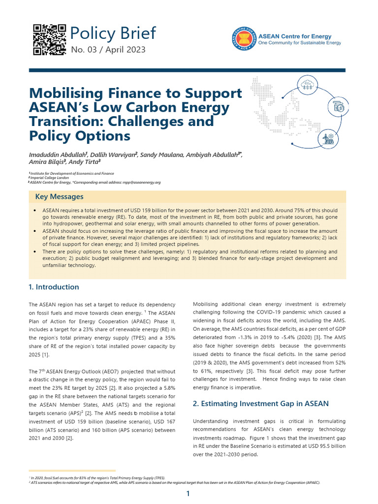 ACE - Policy Brief - Mobilising Finance To Support ASEAN's Low Carbon Energy Transition ...
