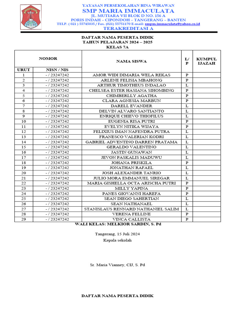Daftar Nama Siswa-Siswi Baru 2024-2025 | PDF