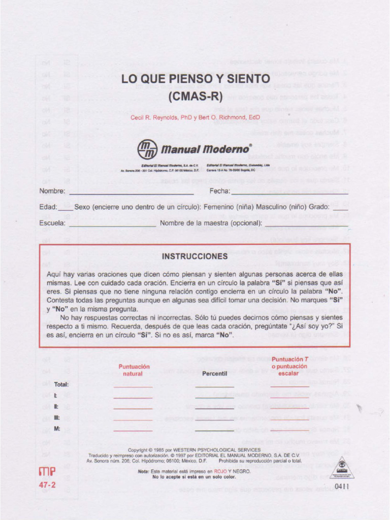 Protocolo Cuestionario (CMAS R) 1 | PDF