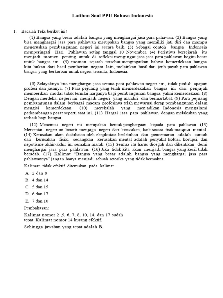 Jawaban Latihan Soal PPU Bahasa Indonesia 2024 | PDF