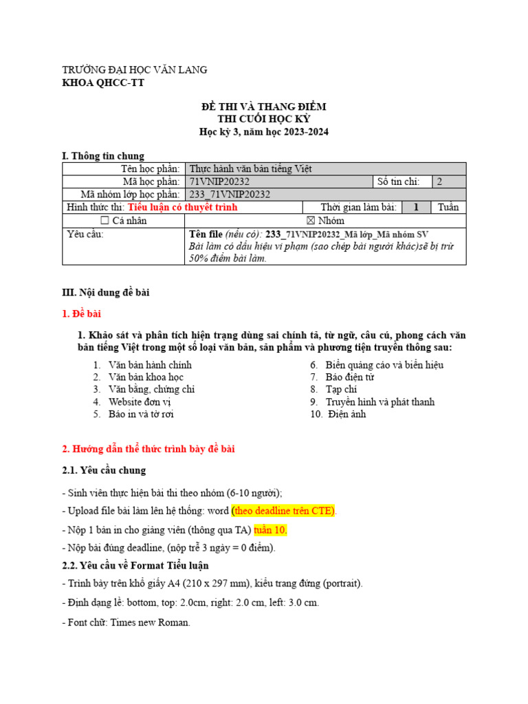 233 - THVBTV - Đề thi cuối kỳ - update | PDF