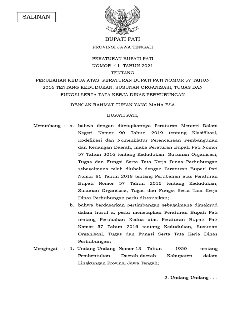 41 PERBUP Nomor 41 Tahun 2021 Tentang PERUBAHAN SOTK DISHUB | PDF