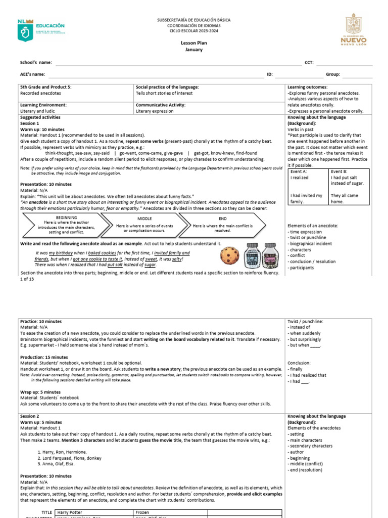 5th Grade Lesson Plan Product 5 January | PDF | Verb | Grammatical Tense