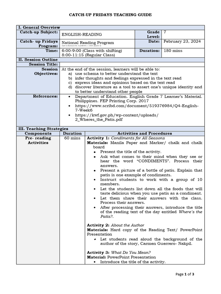 Catch-Up Fridays: Grade 7 English Guide | PDF | Cognition | Learning