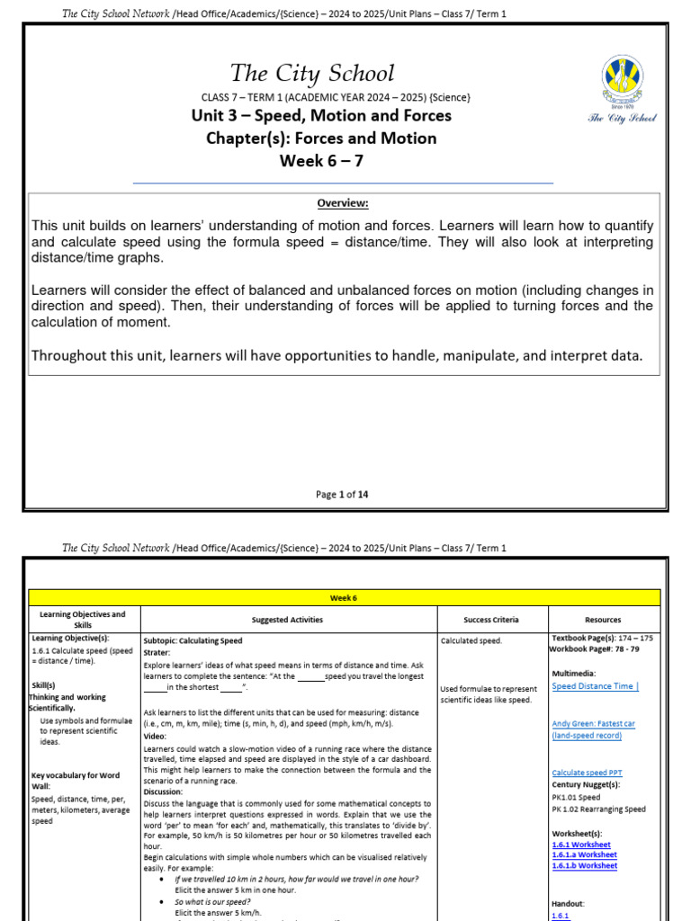 Unit 3 Plan Speed, Motion and Forces | PDF | Force | Speed