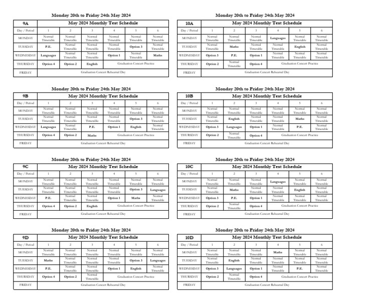 Weekly Timetable and May Tests 2024 | PDF