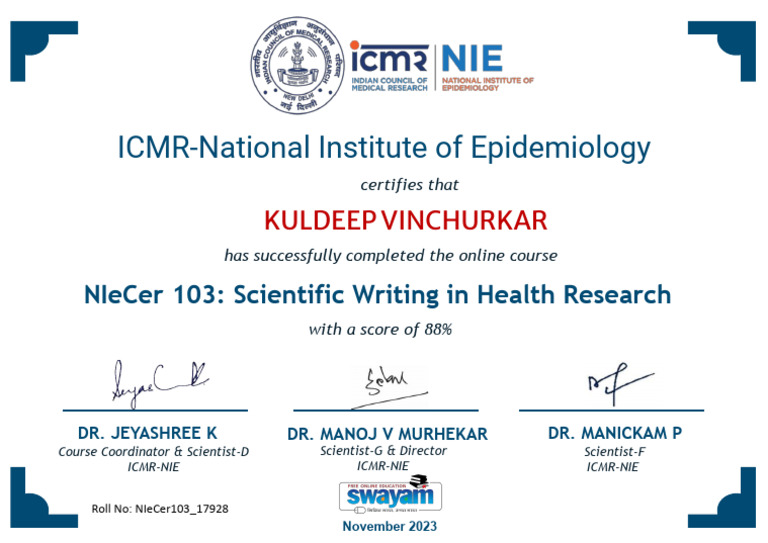 Swayam ICMR - National Institute of Edidemiology Certificate | PDF | Technology & Engineering