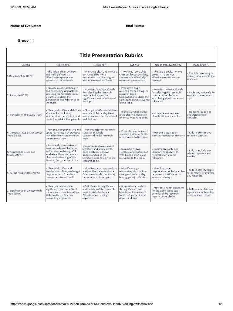 Title Presentation Rubrics | PDF