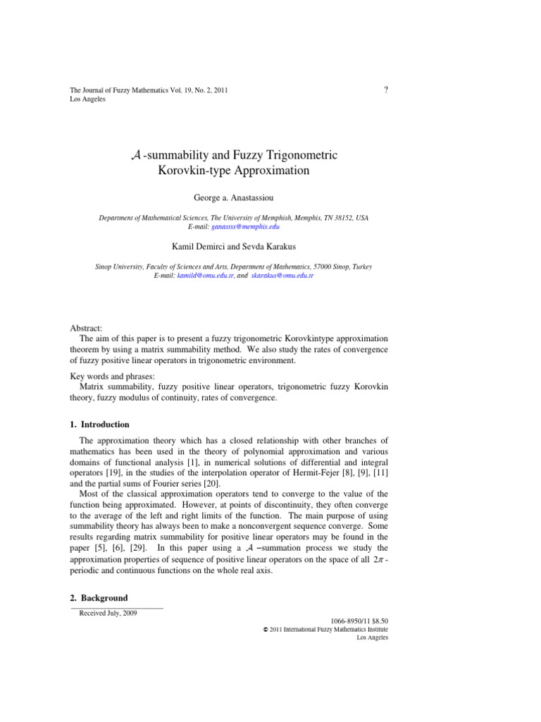 A-Summability and Fuzzy Trigonometric Korovkin-Type Approximation | PDF | Operator (Mathematics ...