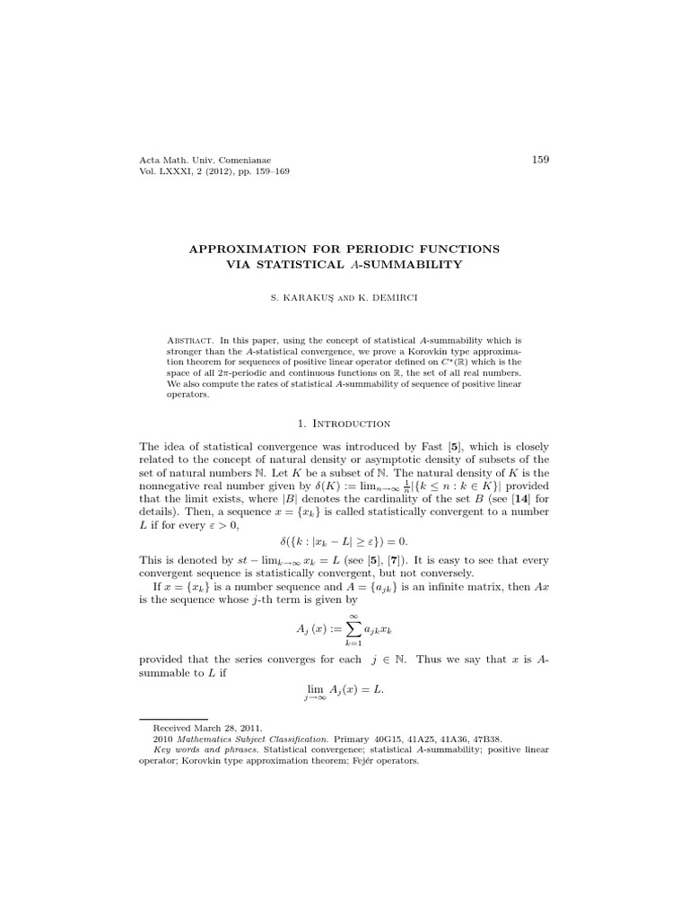 Approximation For Periodic Functions Via Statistical A-Summability ...