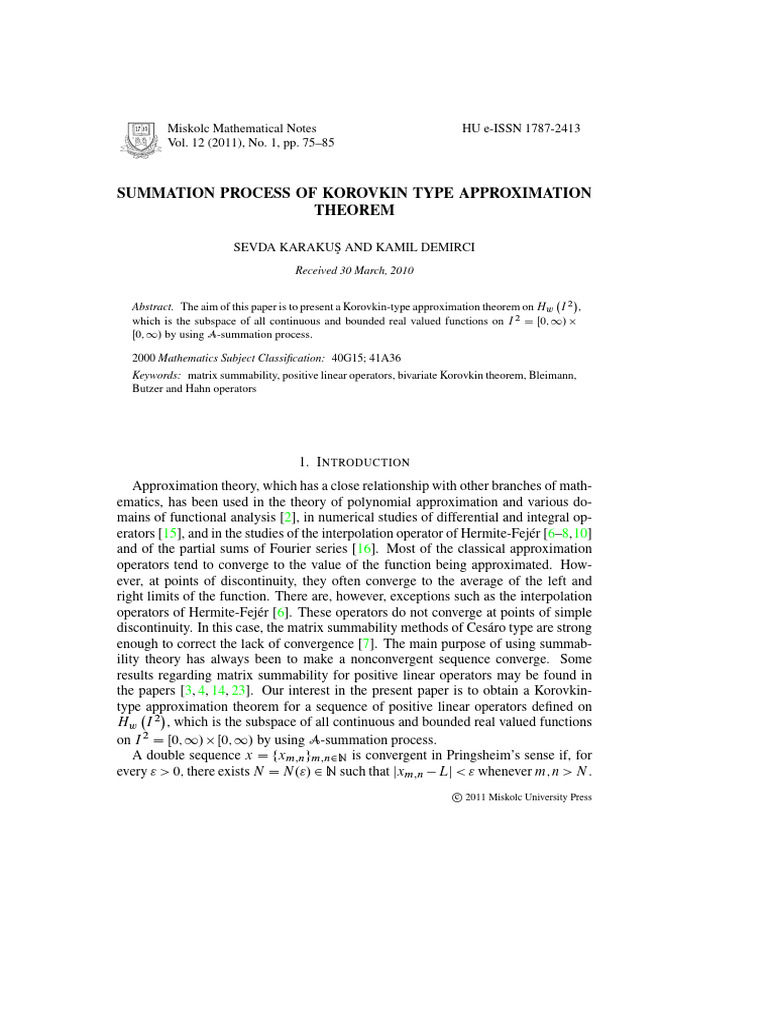 Summation Process Of Korovkin Type Approximation Theorem Pdf Matrix