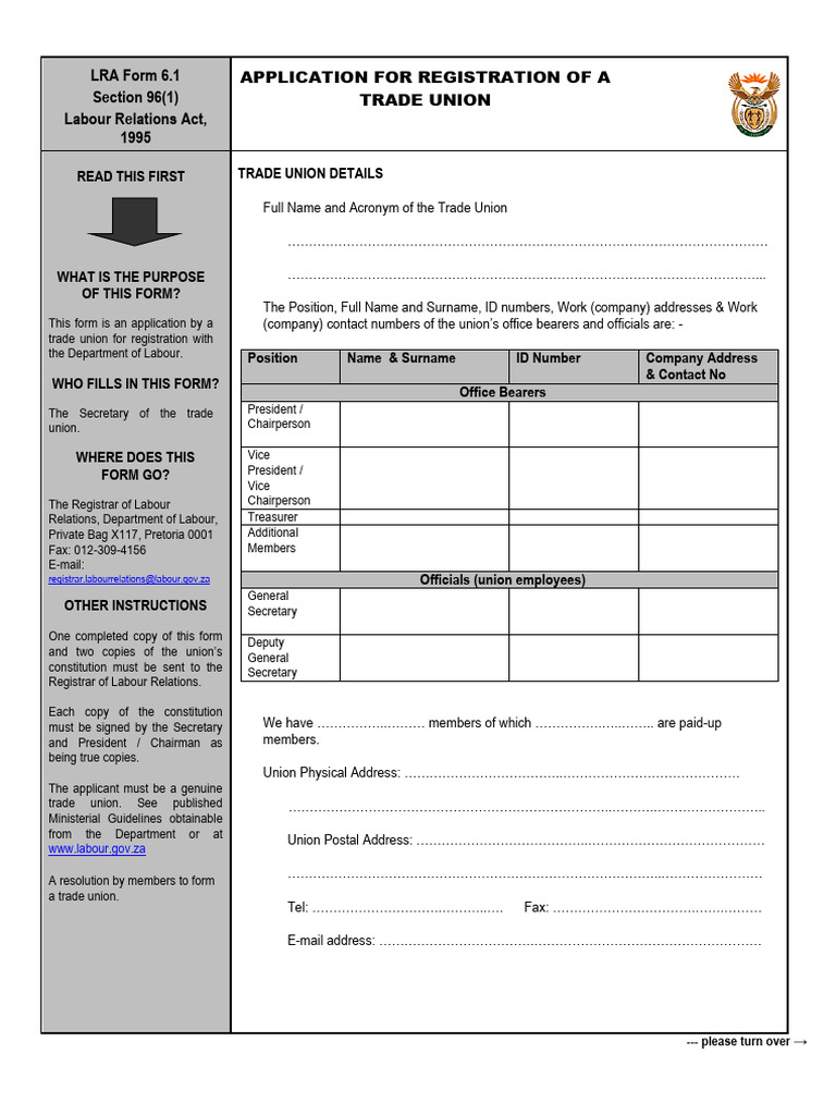LRA Form 6.1-Registration of A Trade Union 2 | PDF