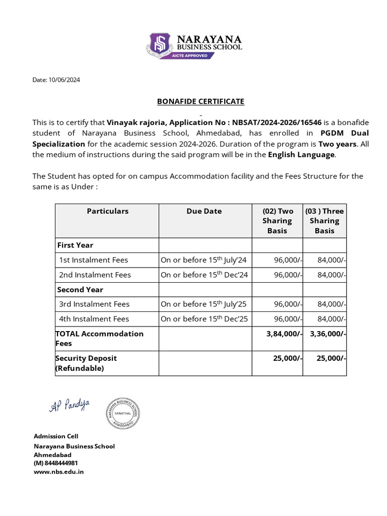 Bonafide Certificate - Hostel Bonafide Certificate | PDF