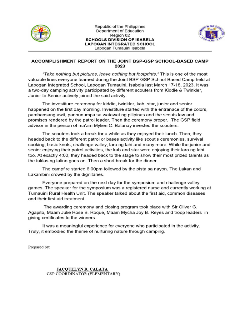 Accomplishment Report On The BSP GSP ENC | PDF | Scouting | Youth ...