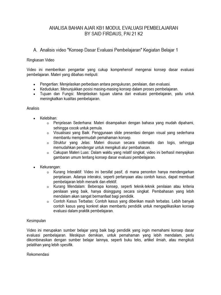 Analisa Bahan Ajar KB1 Modul Evaluasi Pembelajaran | PDF | Bisnis