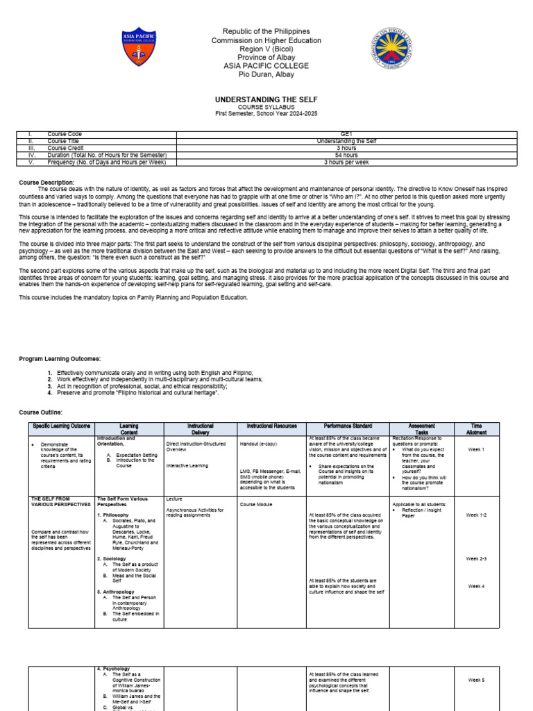 Understanding the Self Course Syllabus | PDF | Self | Learning