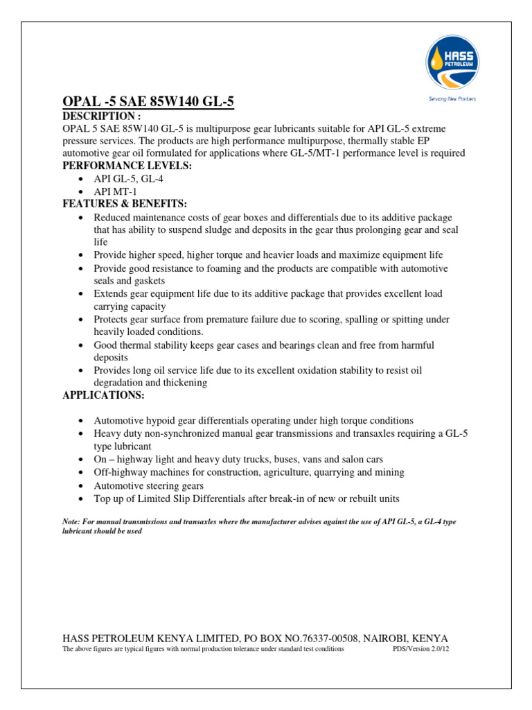 Opal 5 Sae 85W140 GL-5 | PDF | Mechanical Engineering