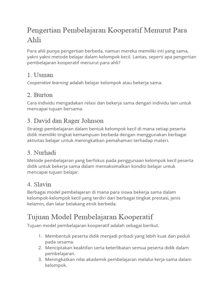 Pengertian dan Metode Pembelajaran Kooperatif | PDF | Karier & Perkembangan