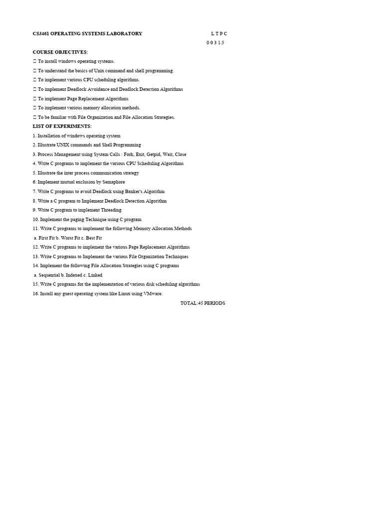 Cs3461 Operating Systems Laboratory L T P C | PDF | Art | Computers