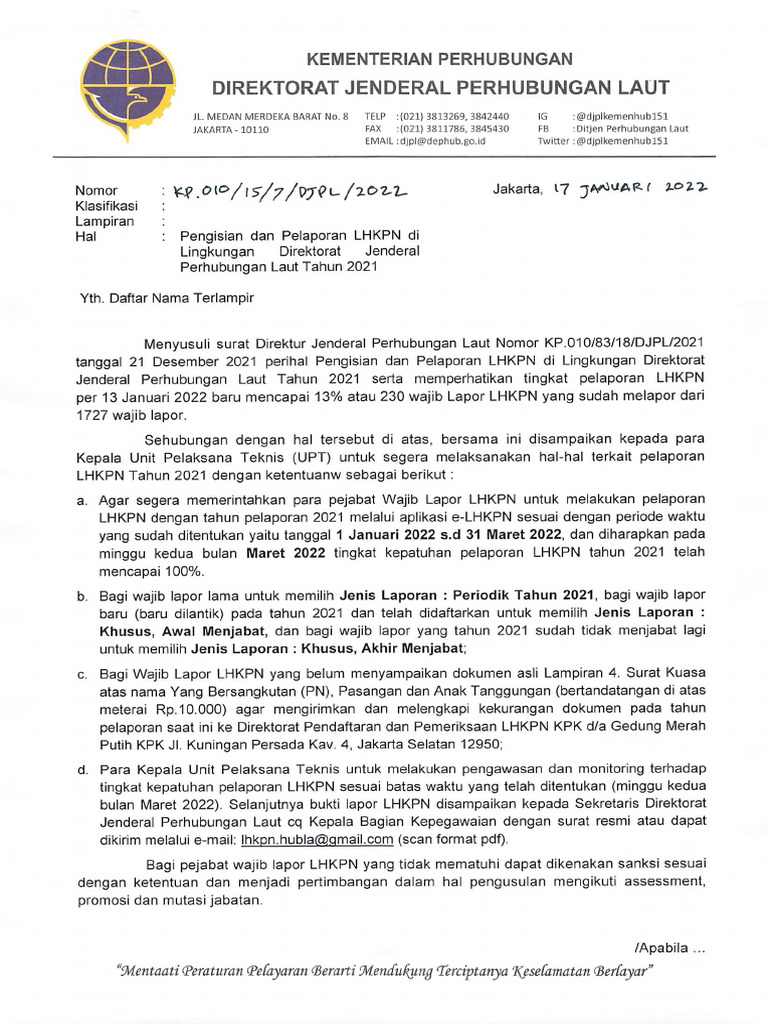 Surat PENGISIAN DAN PELAPORAN LHKPN TAHUN 2021 | PDF