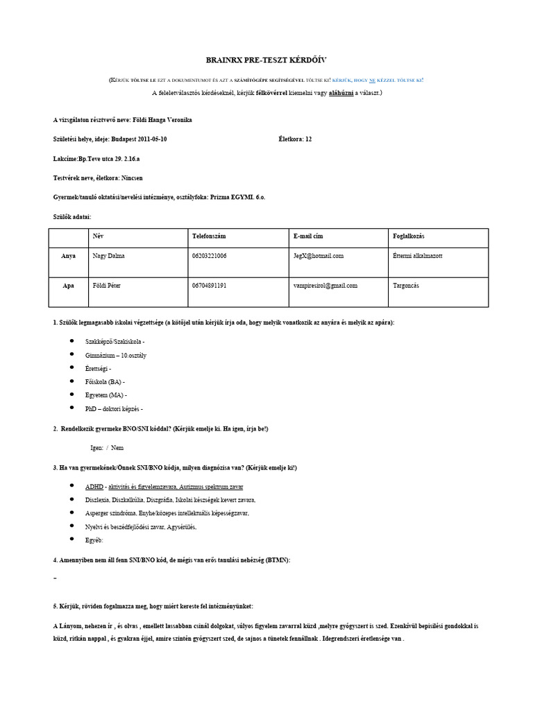 GEM Pre -Assessment Questionnaire - Gyerekeknek. | PDF