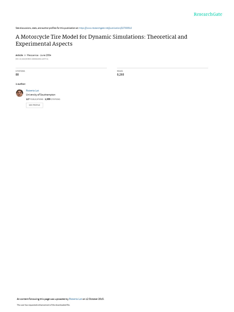A Motorcycle Tire Model For Dynamic Simulations TH | PDF | Force ...