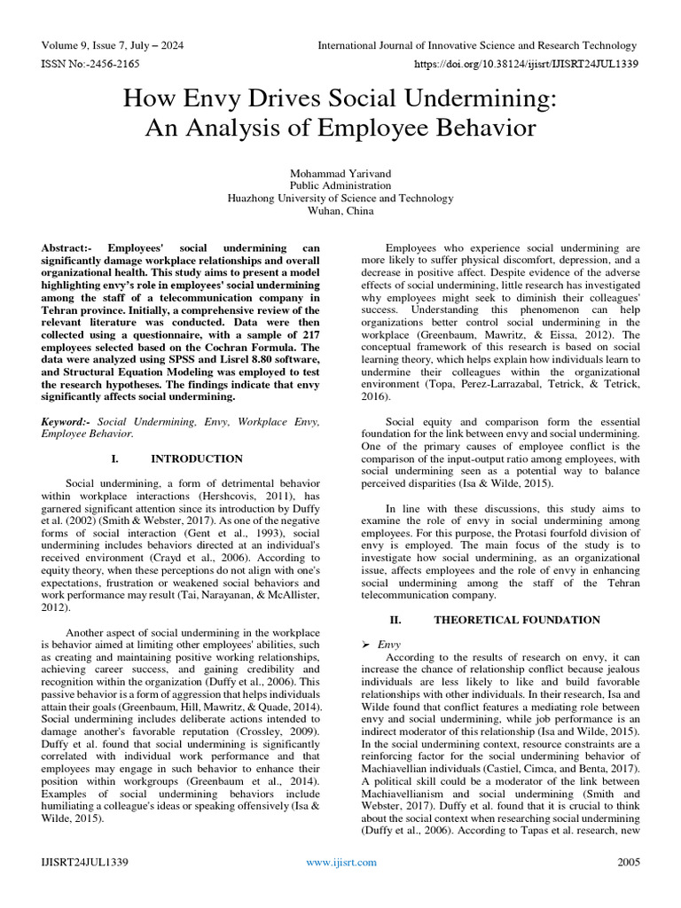 How Envy Drives Social Undermining: An Analysis of Employee Behavior ...