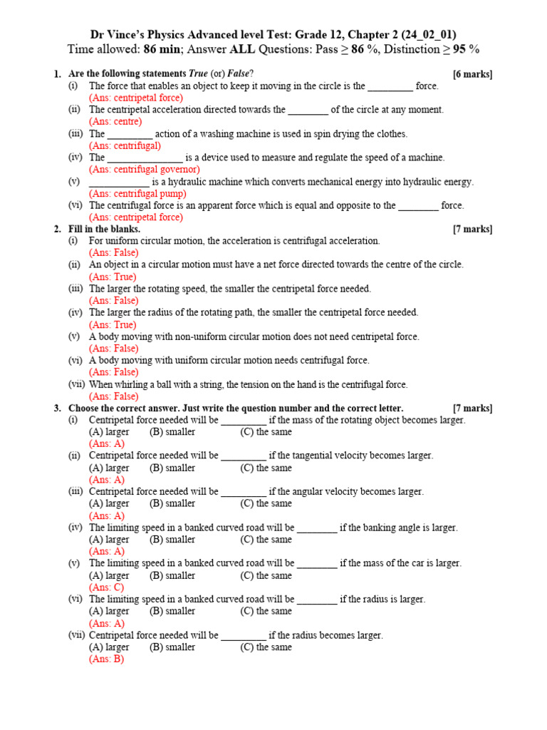 Grade 12 Physics Test: Circular Motion Concepts | PDF | Force ...