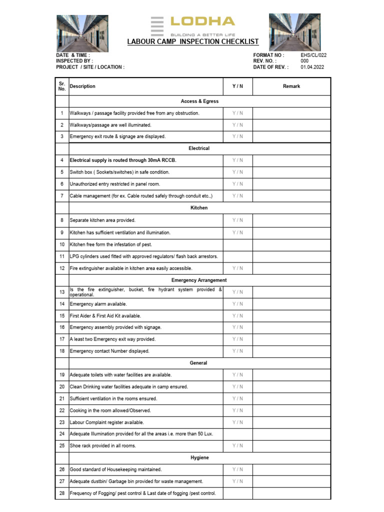 Labour Camp Safety Inspection Checklist | PDF | Safety