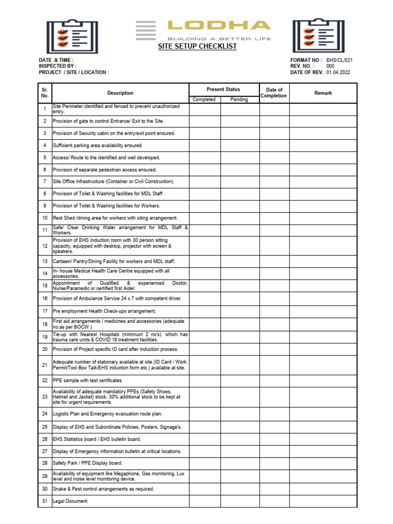EHS-CL-021 - Site Setup Checklist | PDF | First Aid | Emergency Medical ...
