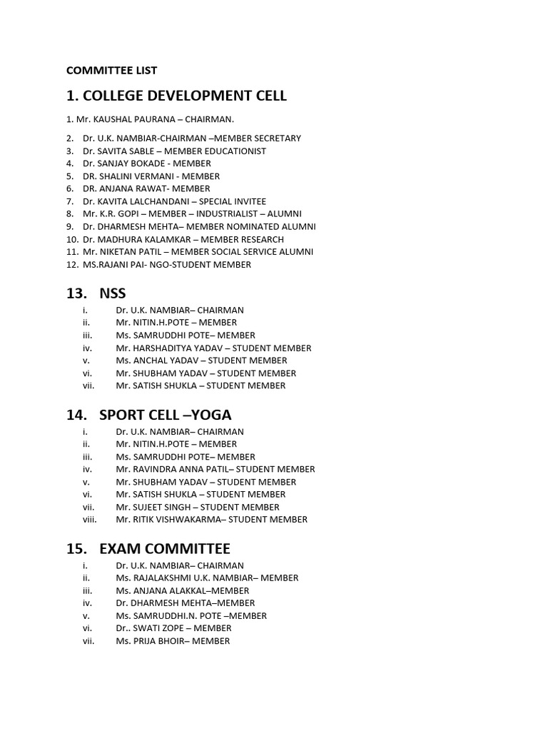 Comprehensive Committee List 2023-24 | PDF | Wellness