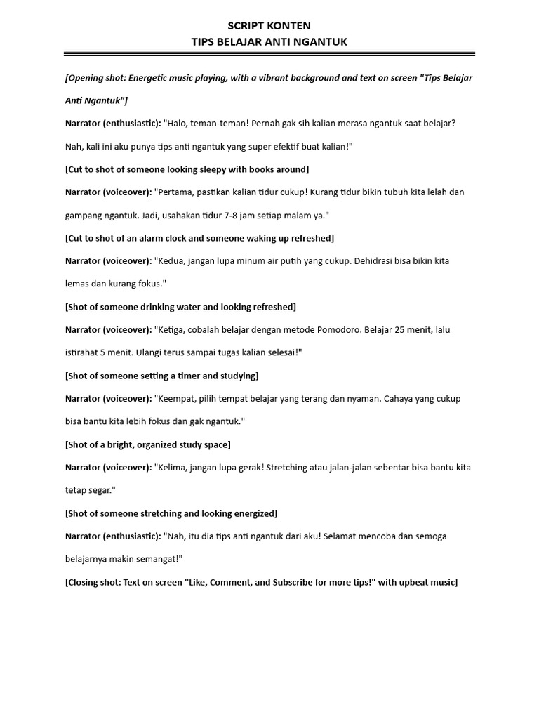 Script Konten Tips Belajar Anti Ngantuk | PDF