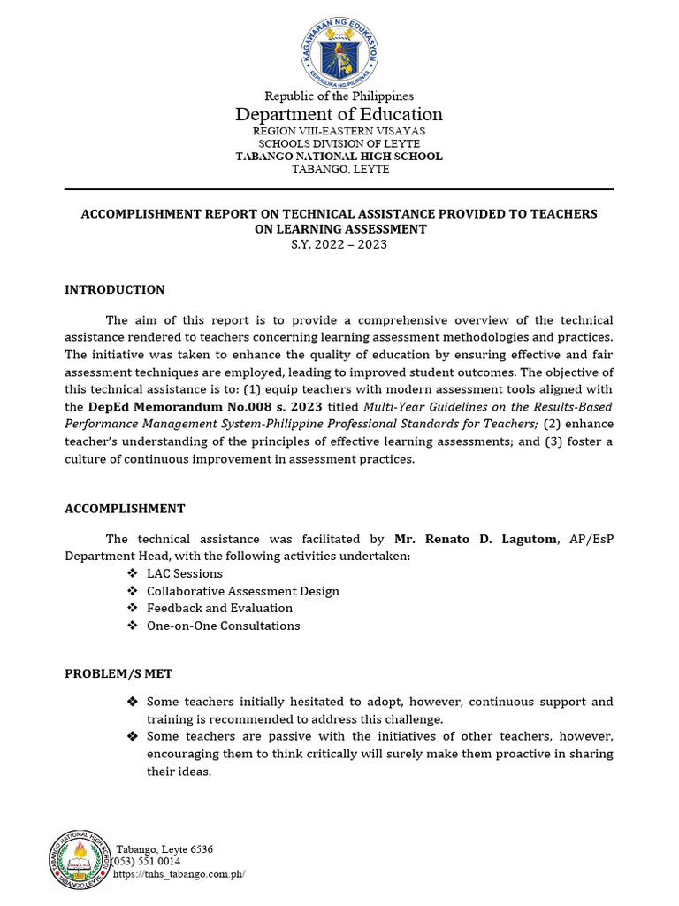 Acr On Ta For Learning Assessment | PDF | Teachers | Curriculum