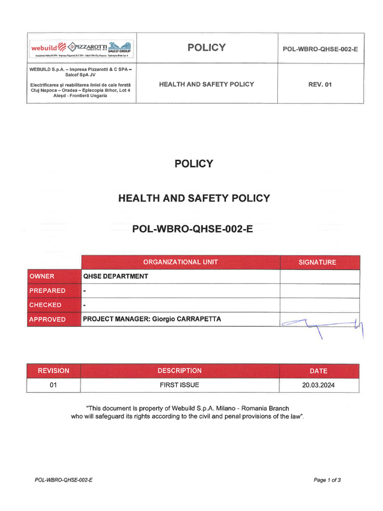 POL-WBRO-QHSE-002-E - Health and Safety Policy | PDF
