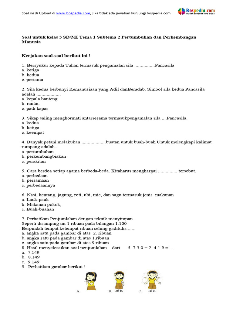 Contoh Soal UH PH Untuk Kelas 3 SD MI Tema 1 Subtema 2 Pertumbuhan Dan Perkembangan Manusia | PDF
